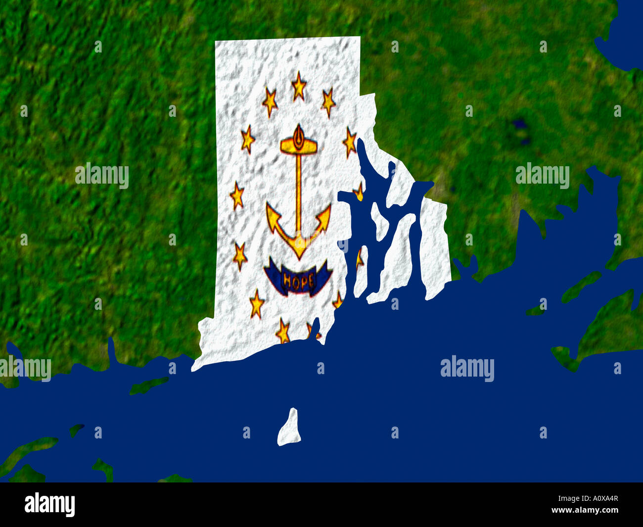 Satellite Image of The State Of Rhode Island covered by the State Flag ...