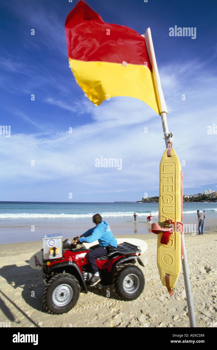 Swimming flag and patrolling lifeguard at Bondi Beach Sydney New South ...