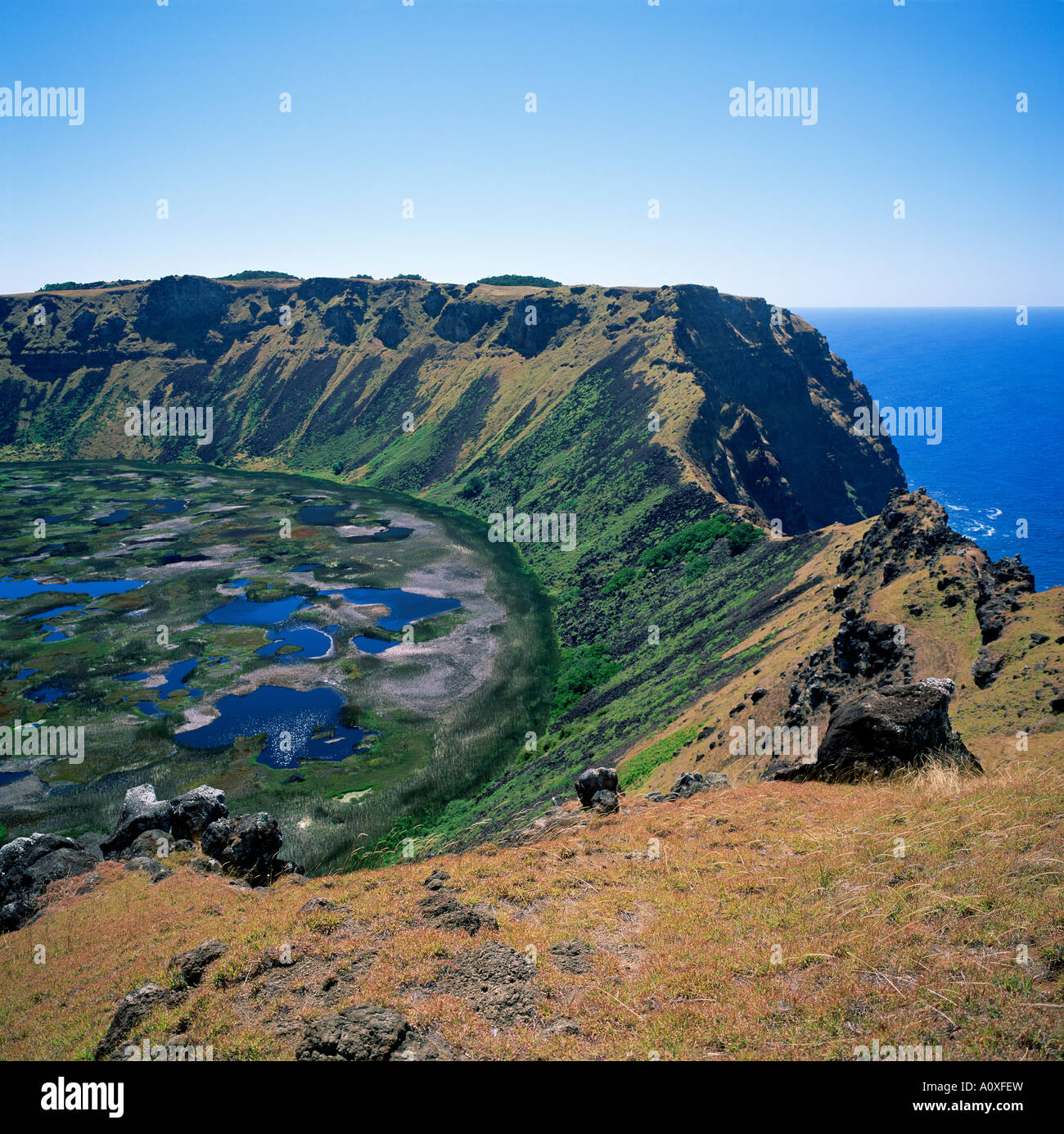 View east along crater rim from Orongo ceremonial village of the Rano ...