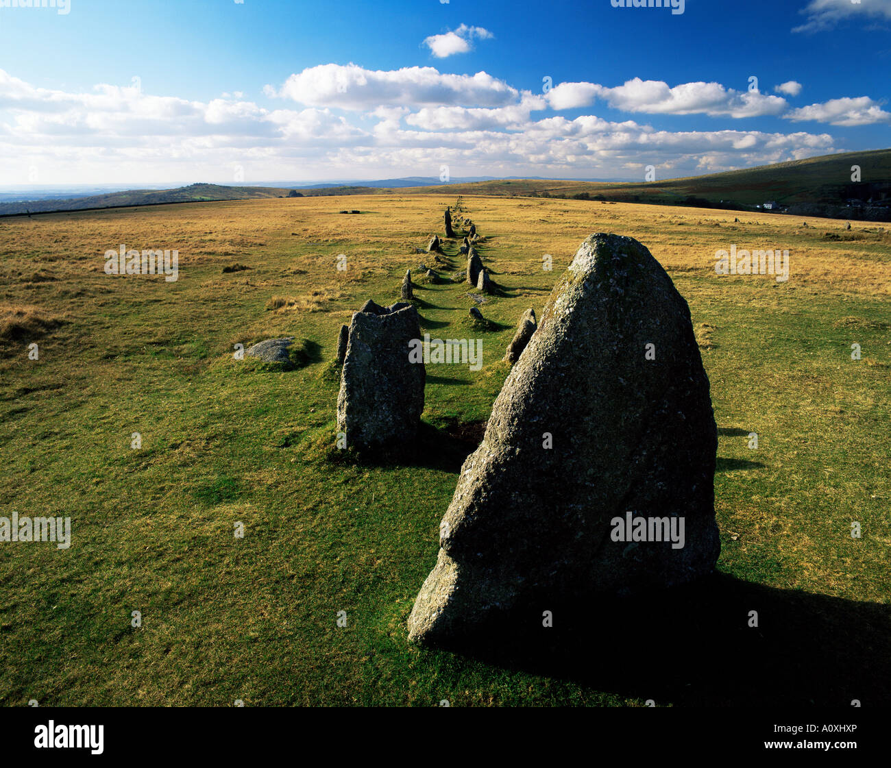 Prehistoric stone rows above Merrivale Dartmoor Devon England United ...