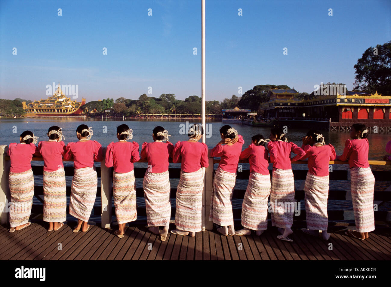 Mon women in traditional dress Yangon Rangoon Myanmar Burma Asia Stock ...