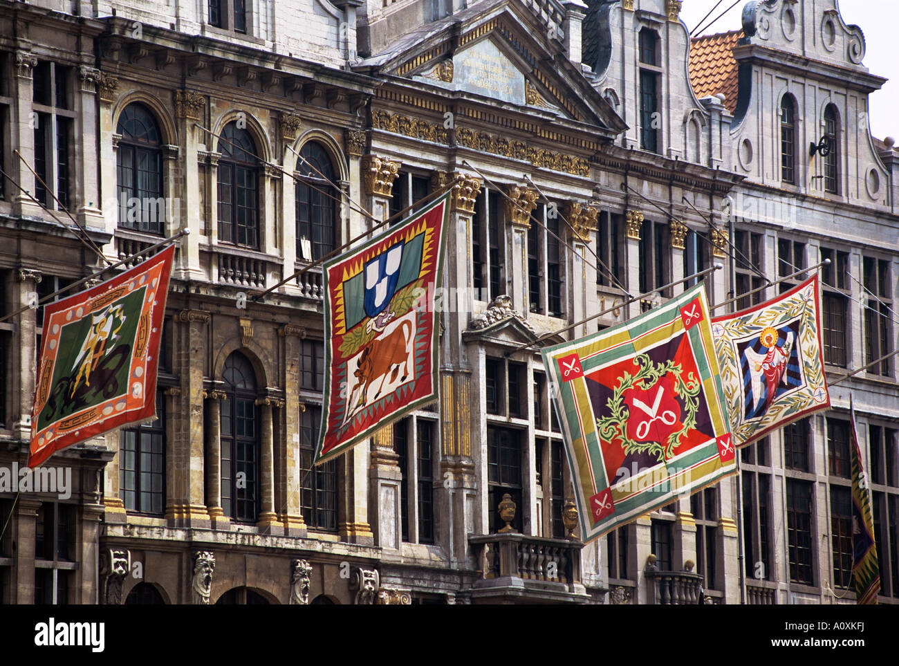 Banners representing houses Grand Place Brussels Belgium Europe Stock ...