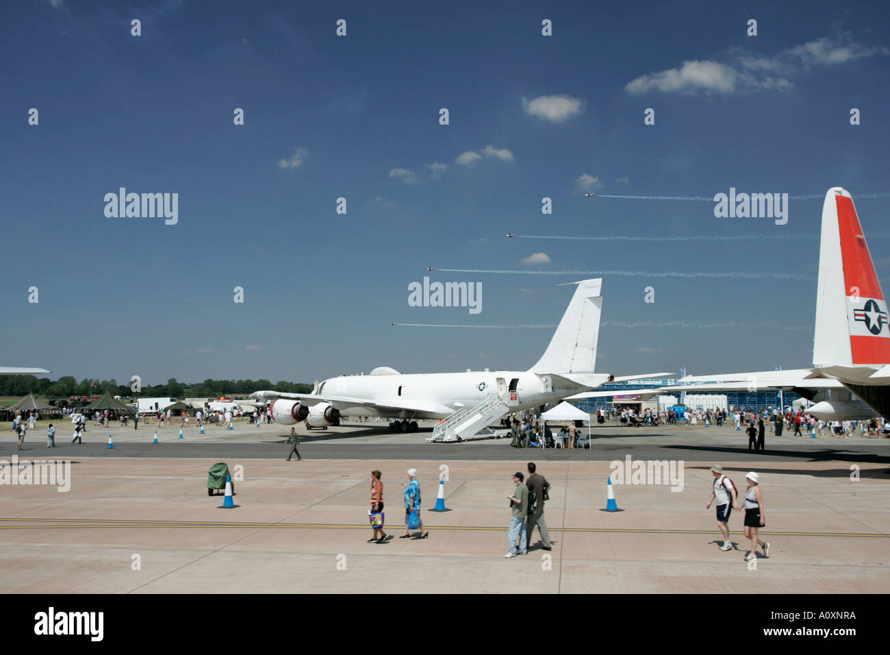 Spanish Air Force display team patrulla Aguila fly over static aircraft ...