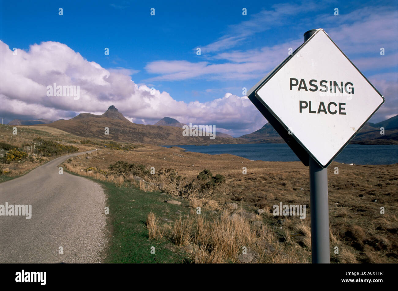Passing place sign Inverpolly Nature Reserve Wester Ross Highland ...