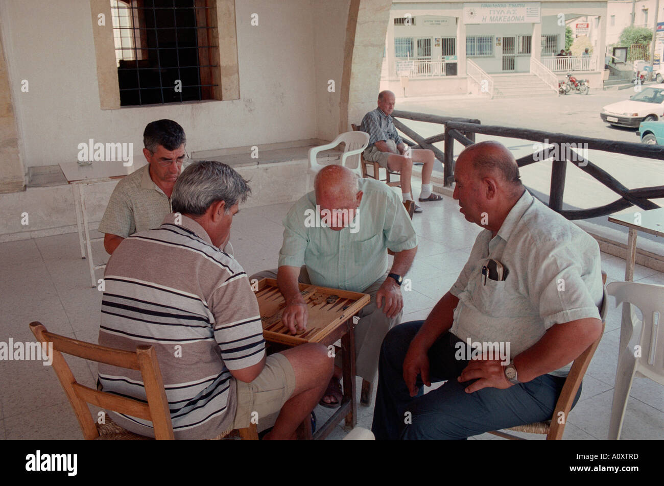 Pyla Village, Cyprus. Turkish Cypriot villagers playing backgammon. The ...