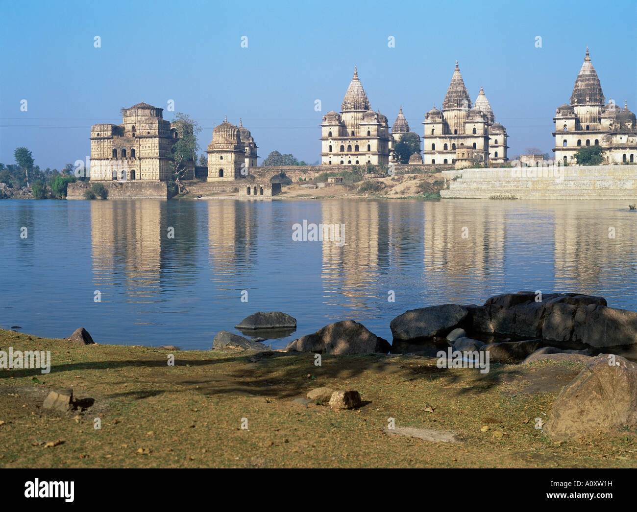 Royal chattris tombs and the River Betwa in the early morning Orcha ...