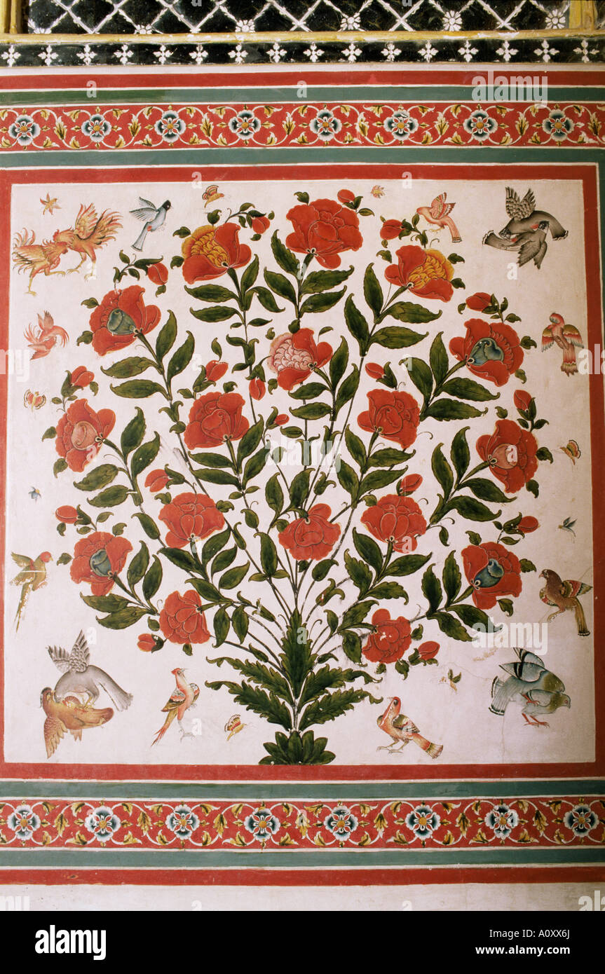 Detail of painted dado in the Durbar Hall area of the palace Samode ...