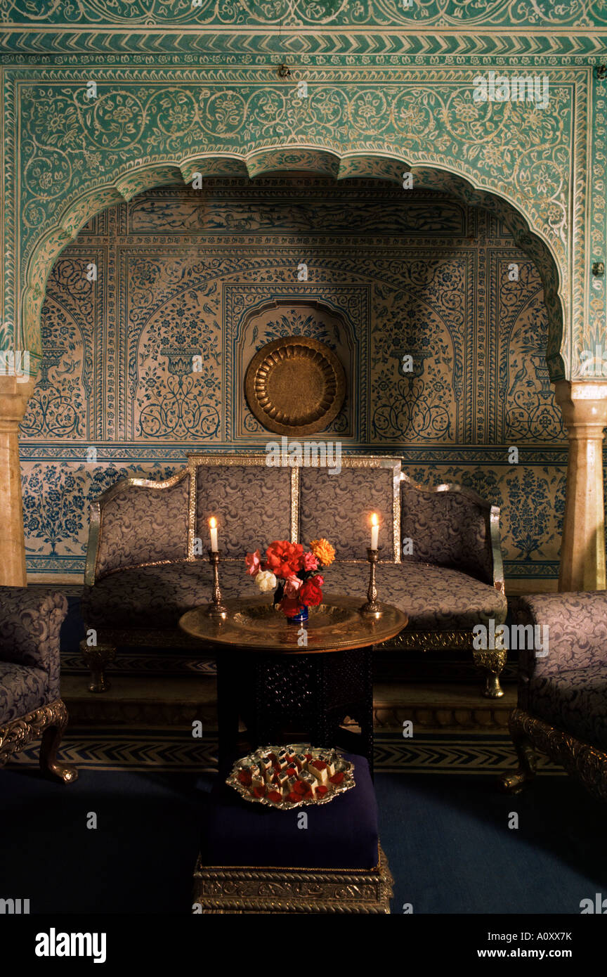 Seating area in an ante room to the Grand Durbar Hall with silver ...