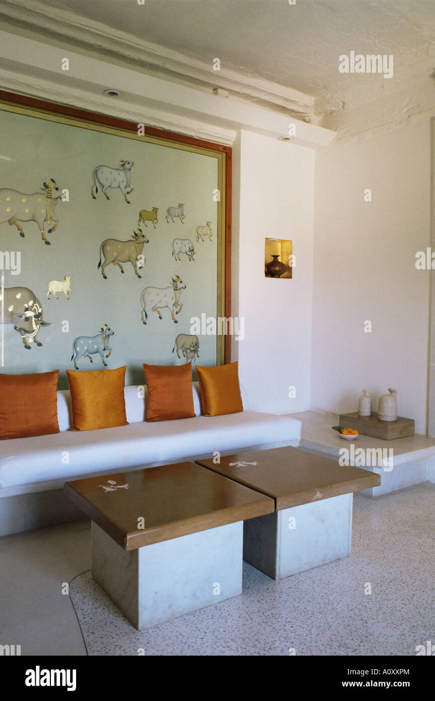 Seating area in bedroom suite with images of sacred cows Devi Garh Fort ...