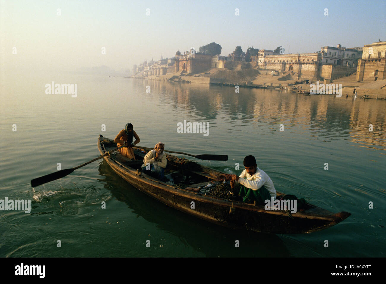 Rowing boat on the River Ganges Varanasi Benares Uttar Pradesh state ...