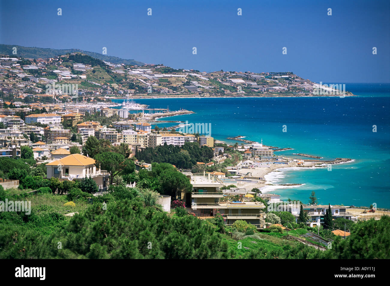 Elevated beach front and town view Diano Marina Italian Riviera Liguria ...