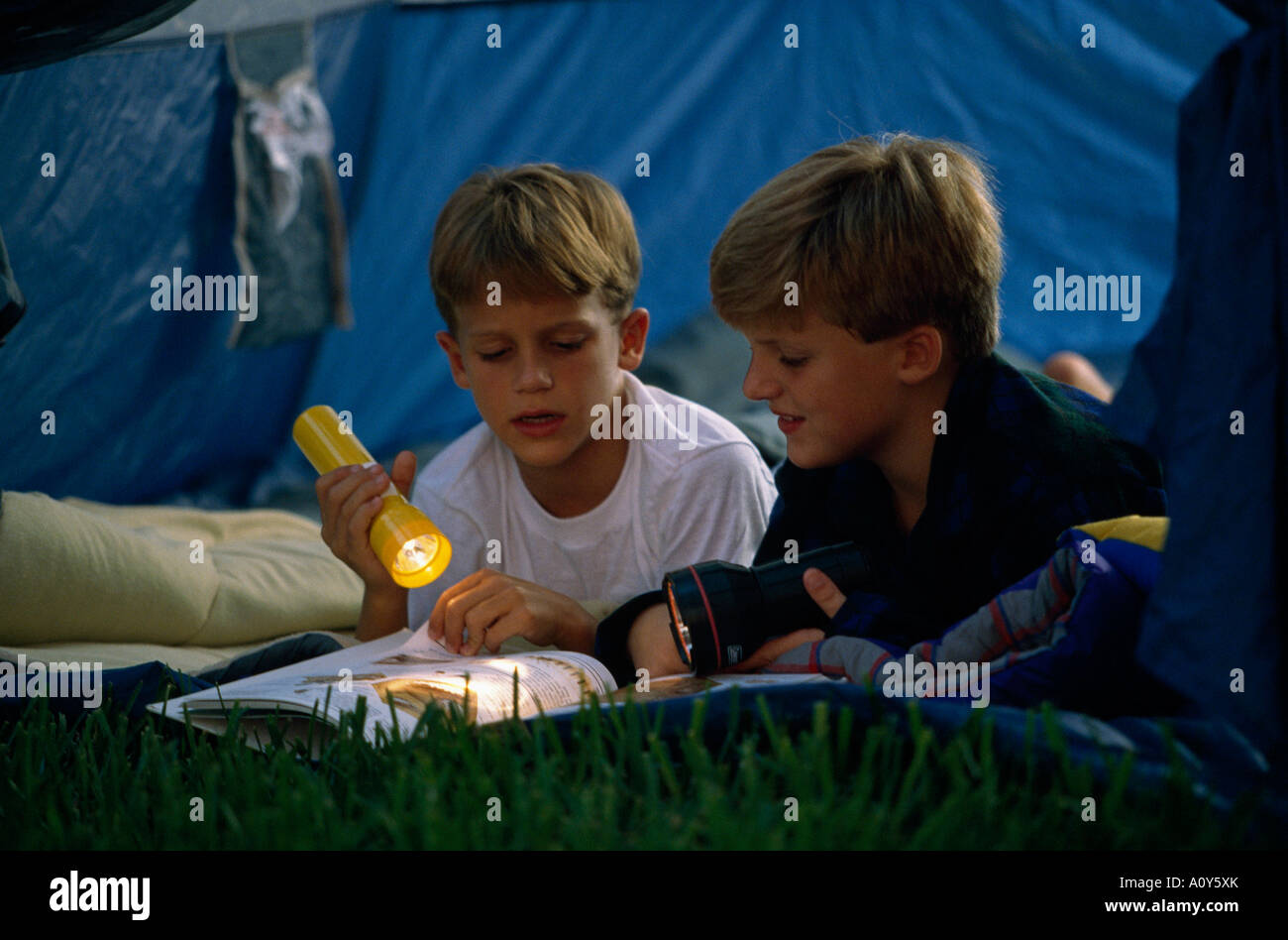Two boys reading a book with the help of a flashlight Stock Photo - Alamy