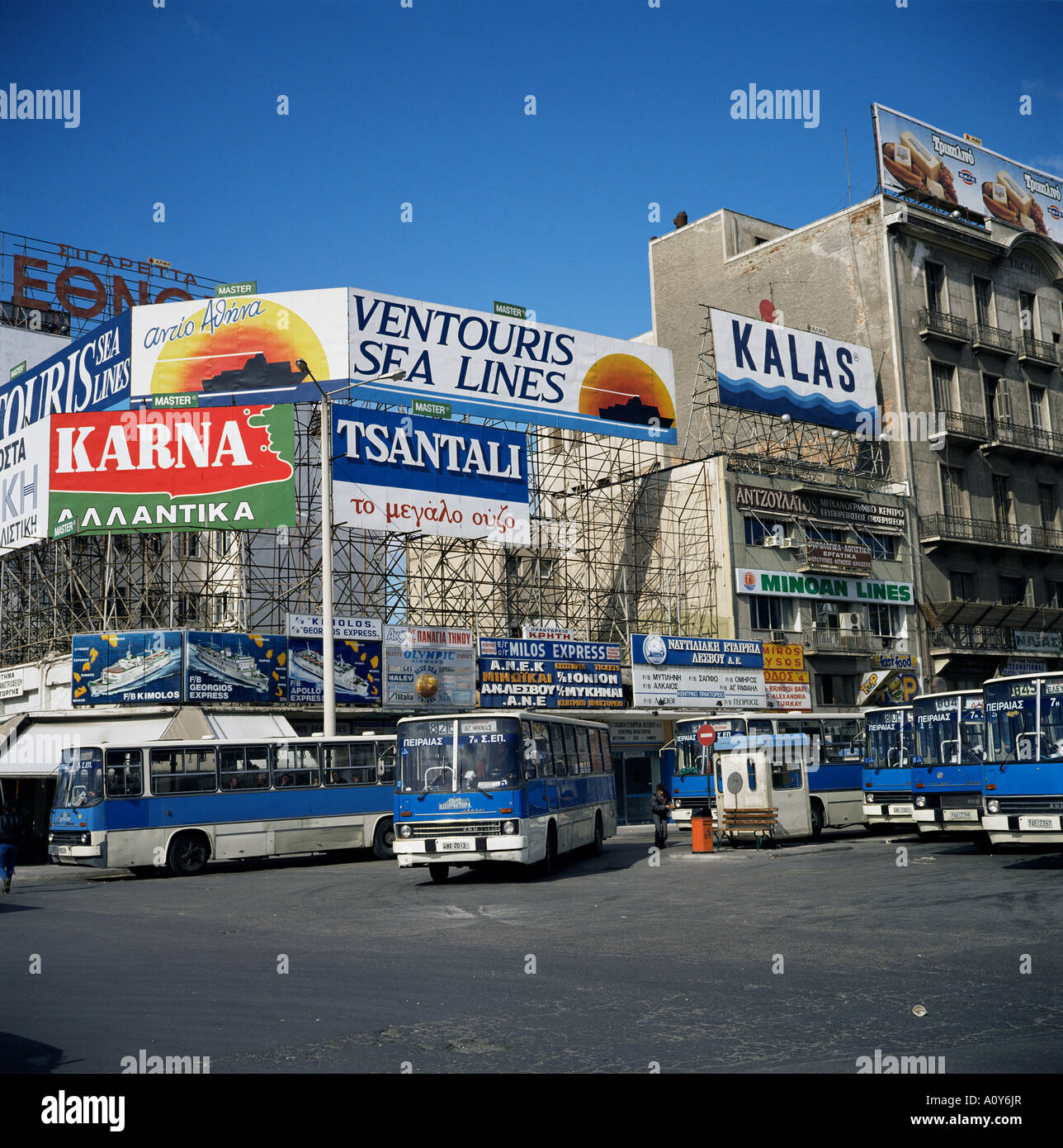 Passenger ferry company signs and buses Piraeus Port Greece Europe ...
