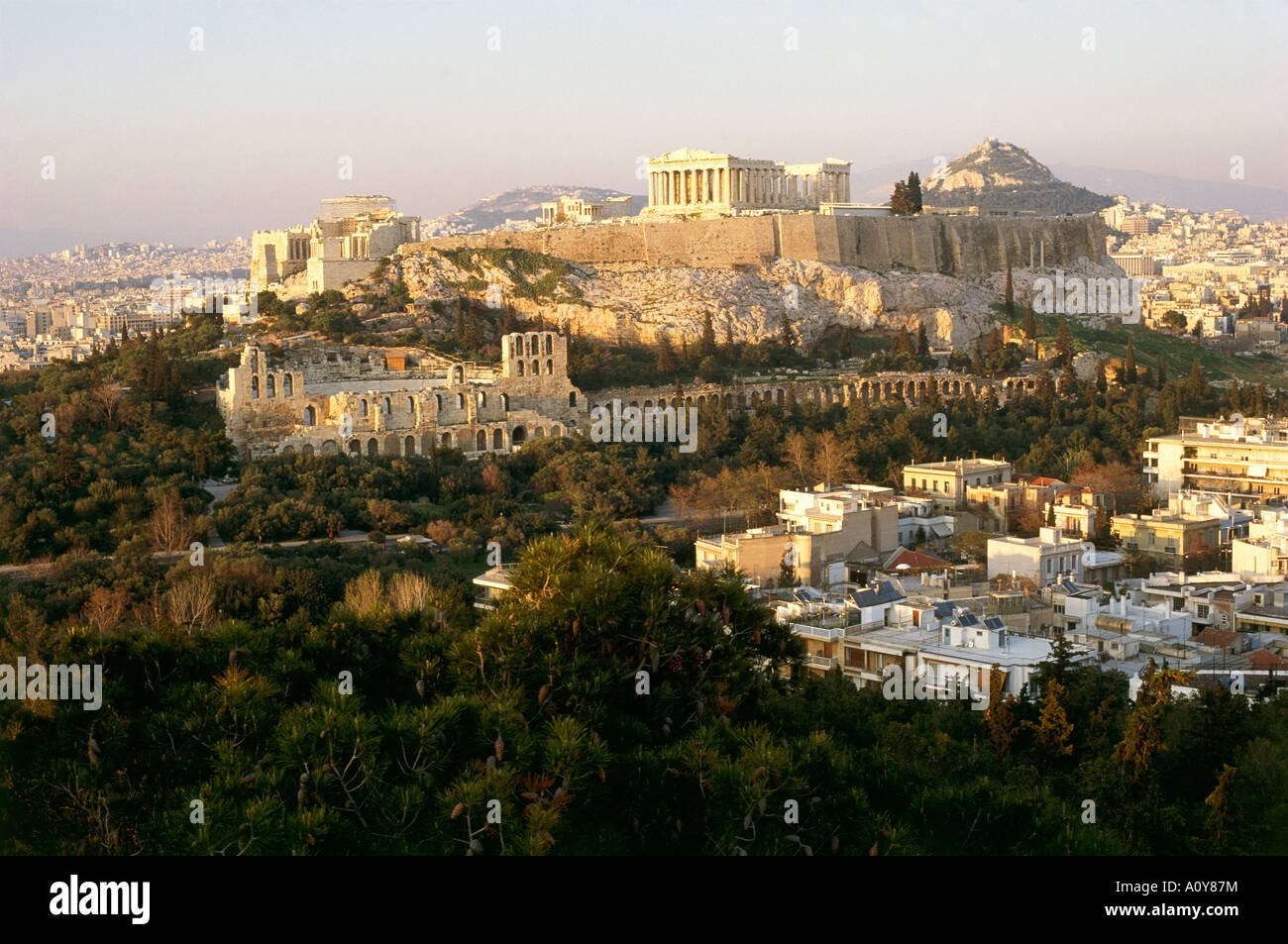 Early morning light strikes the remains of the Parthenon which crowns ...