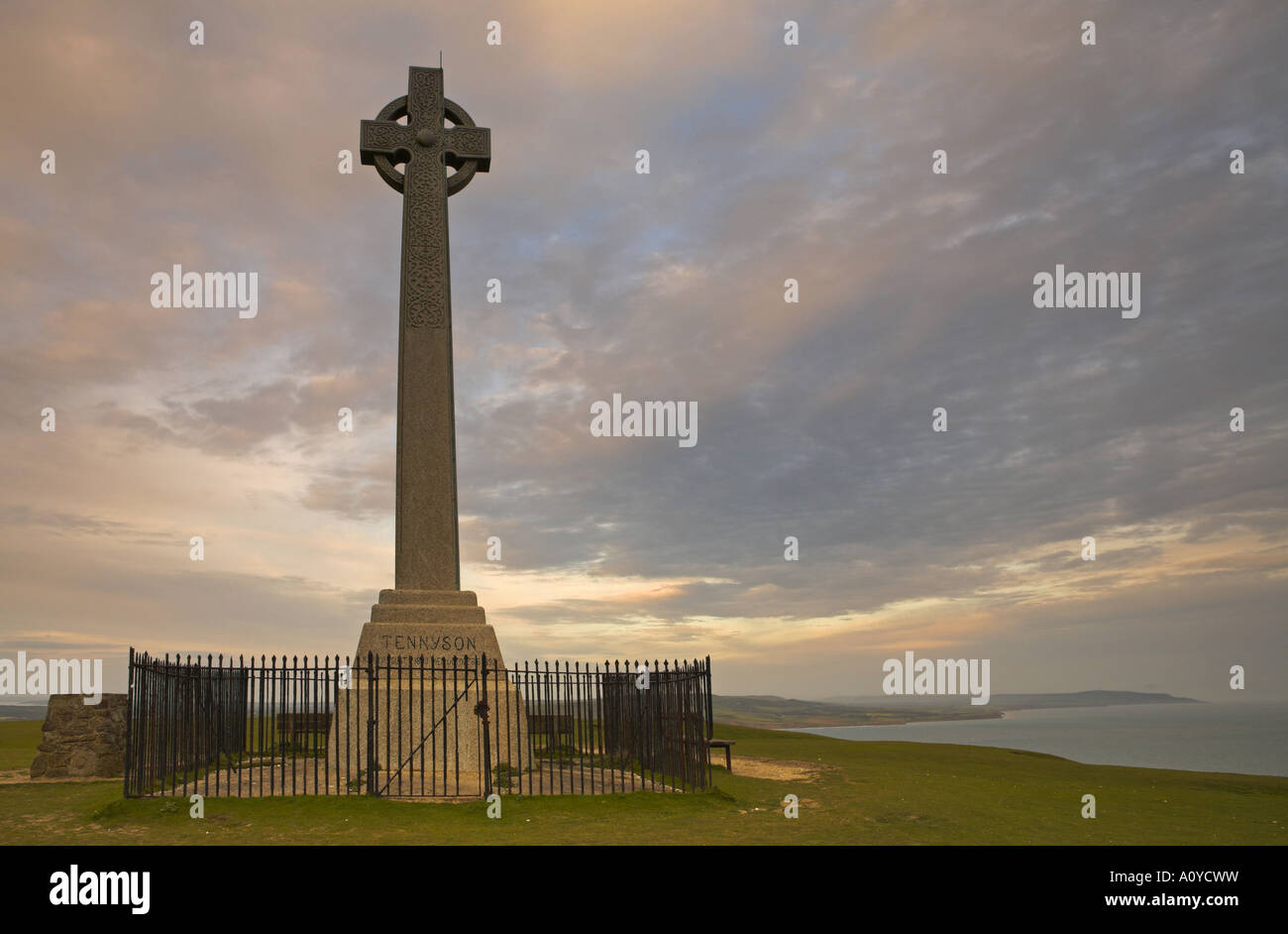 Freshwater Bay Tennyson s monument on the crest of Tennyson Down with ...