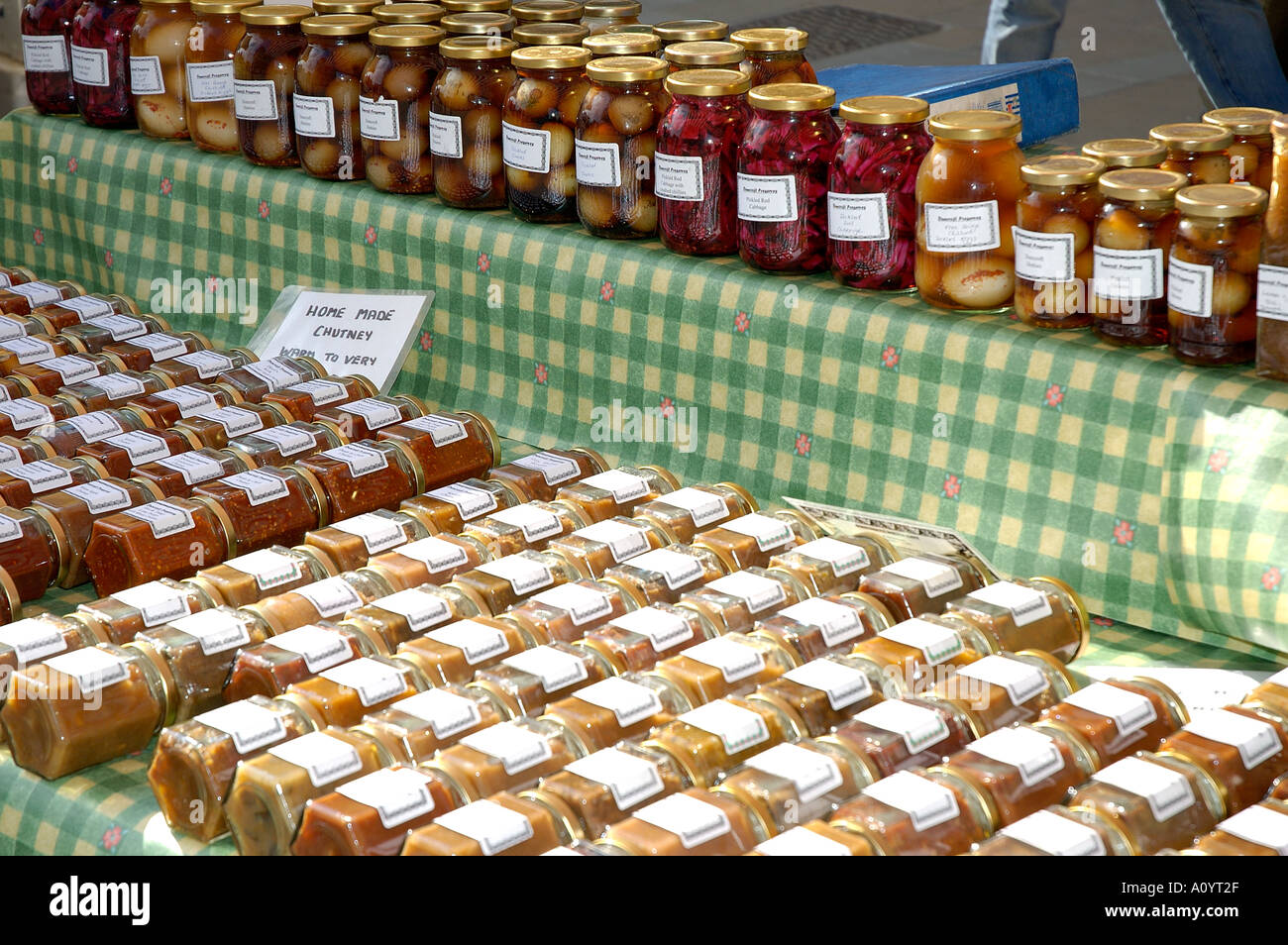 Pickles and chutney for sale on market stall England United Kingdom ...