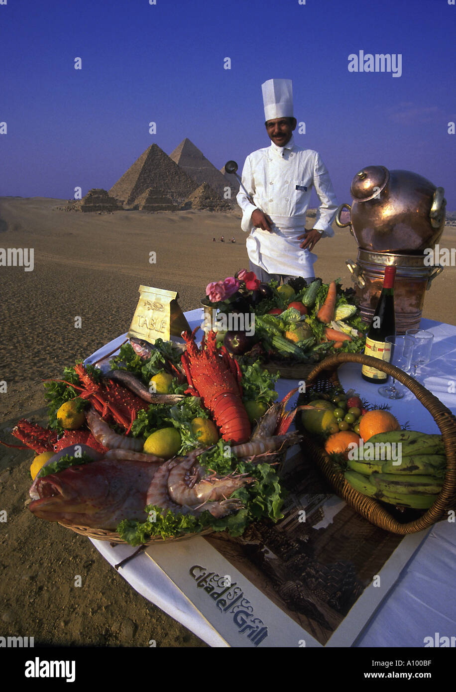 Hotel Chef with display of food near Pyramids Cairo Giza Egypt Stock ...