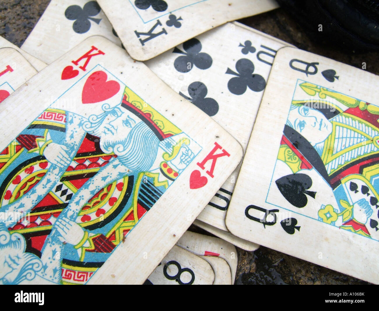 playing cards discarded on wet road Stock Photo - Alamy