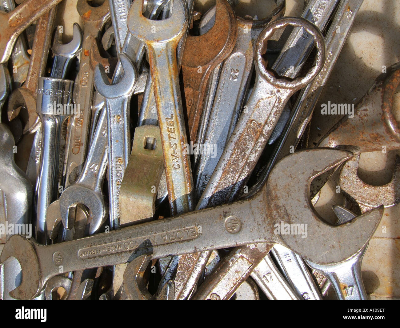 range of spanners in toolbox Stock Photo - Alamy