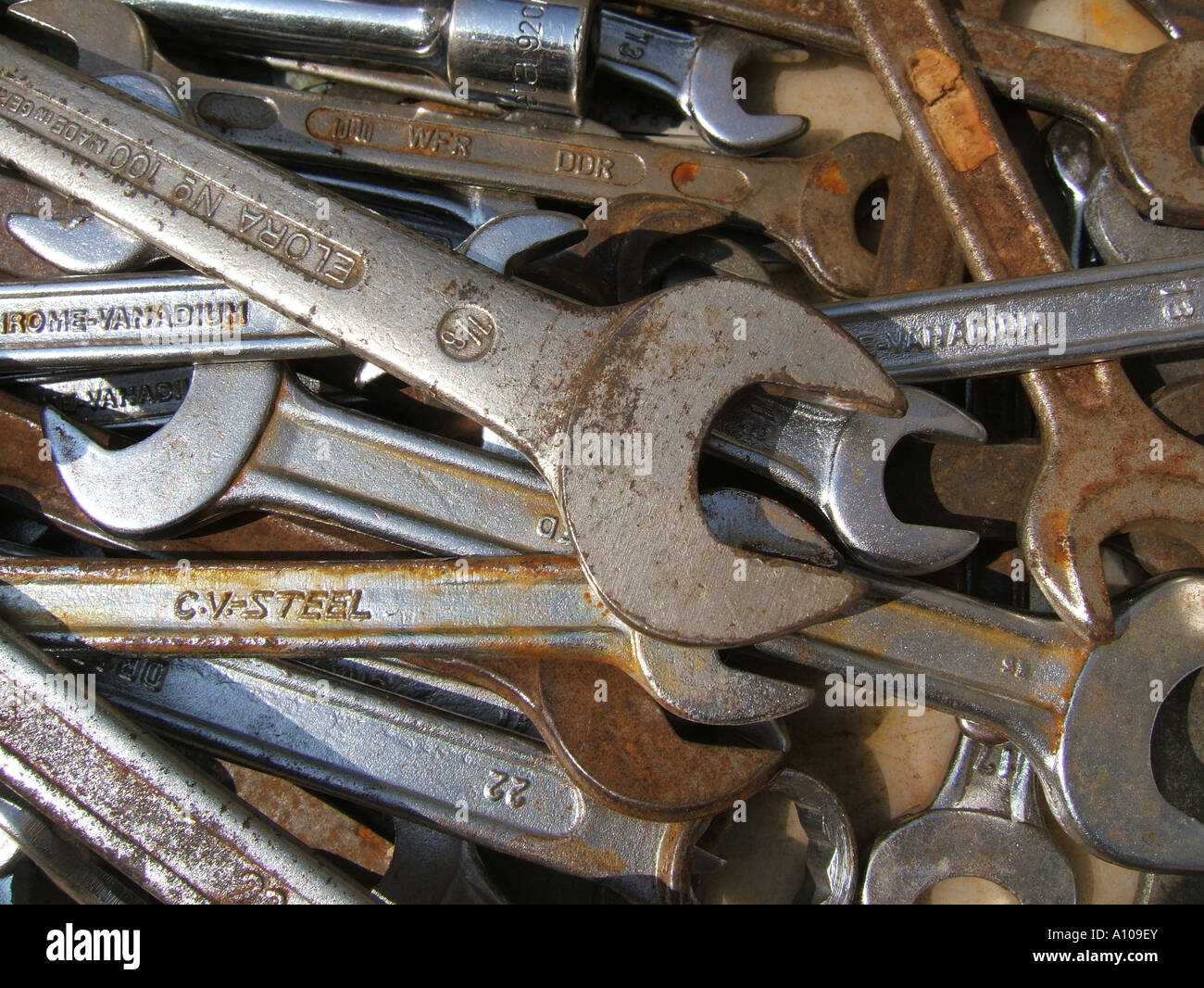 range of spanners in toolbox Stock Photo - Alamy