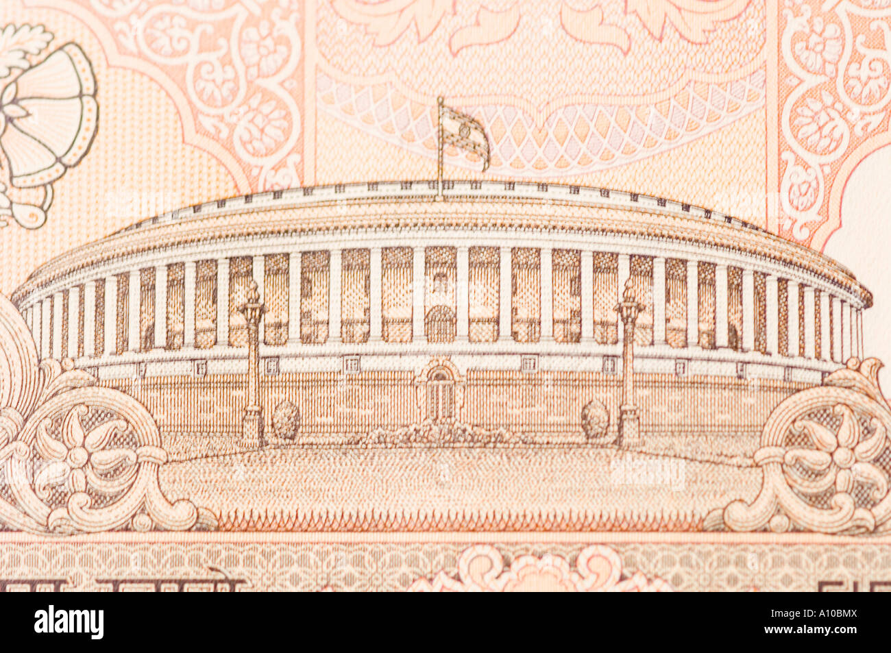 Close-up of picture of the parliament building printed on an Indian ...