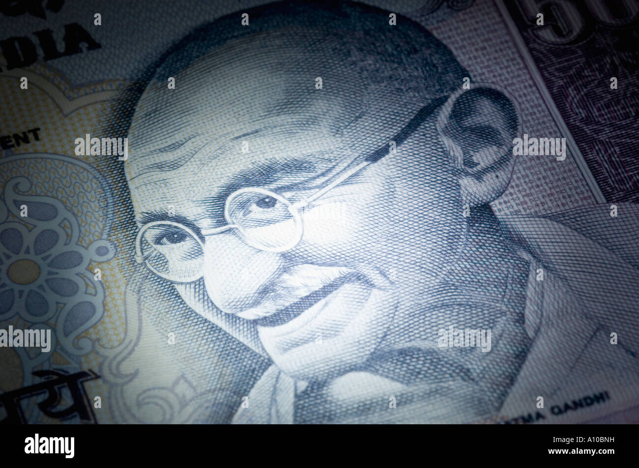 Close-up of picture of Mahatma Gandhi printed on an Indian one hundred ...