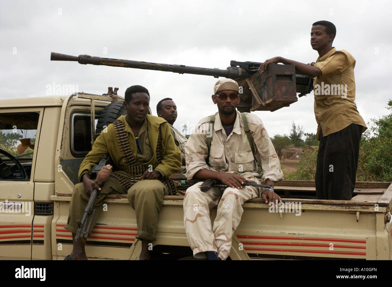 Somali militia on a Technical support vehicle fitted with 12.7mm anti ...