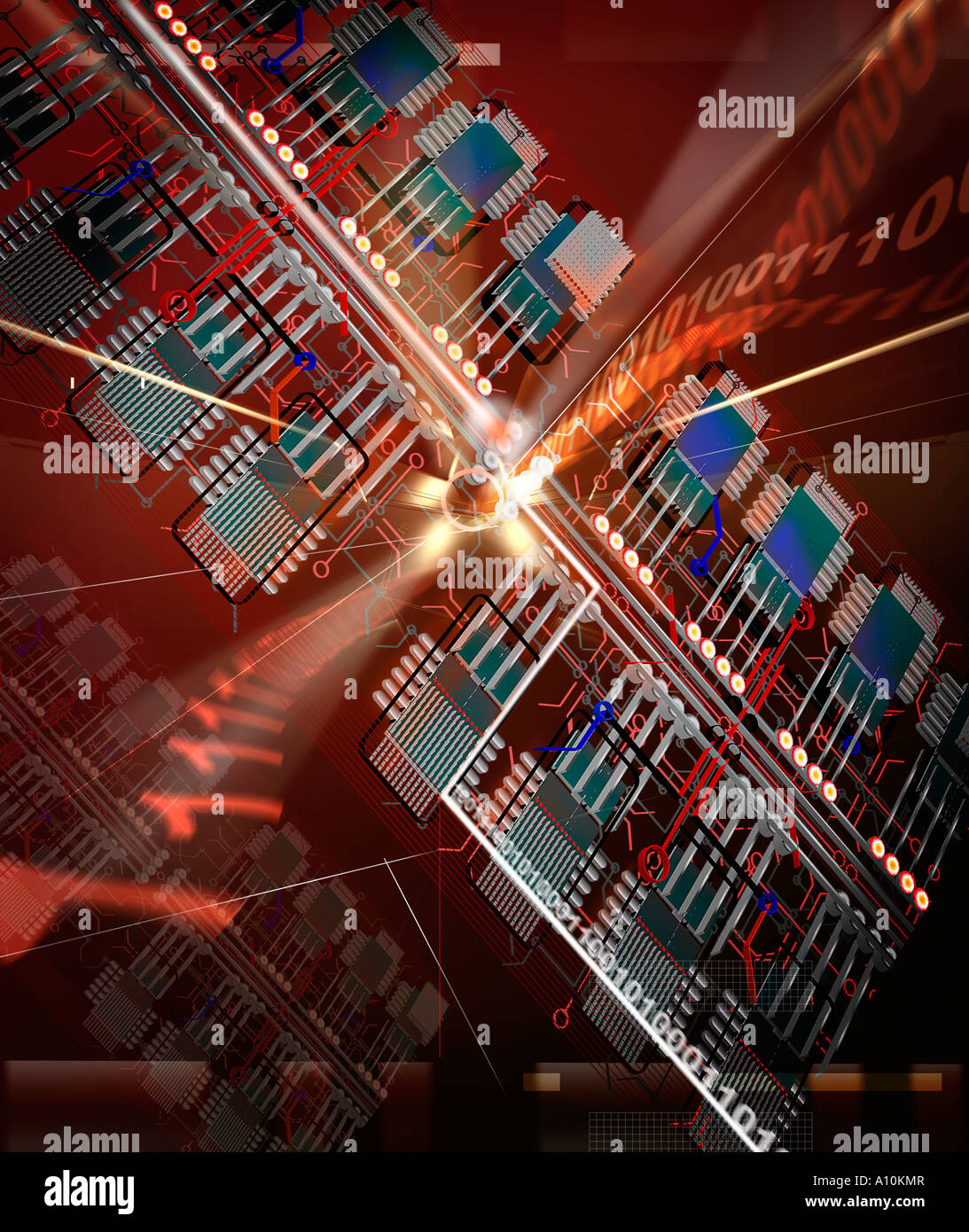 Computer memory board with lazer and data streams intersecting it Stock ...