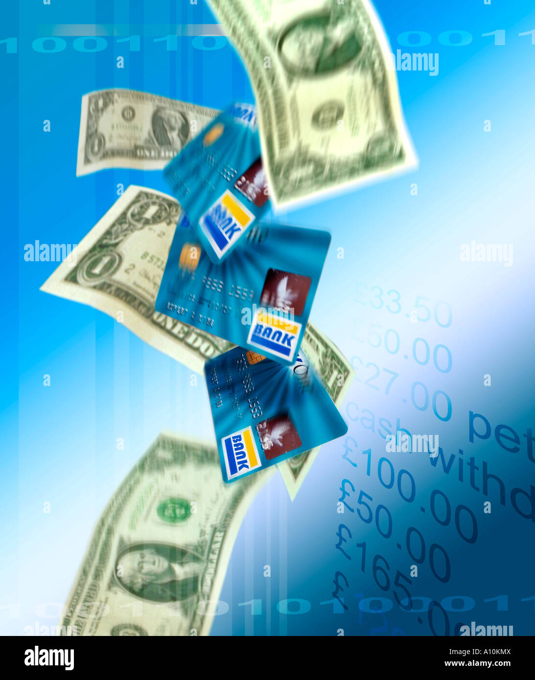 Three falling credit cards interspersed with dollar bills Stock Photo ...