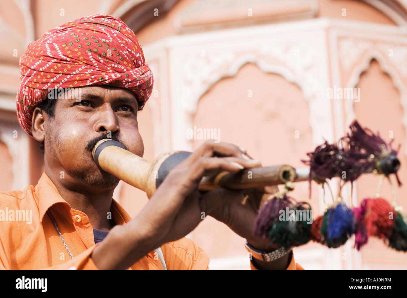 Close-up of a snake charmer playing a wind instrument, Hawa Mahal ...