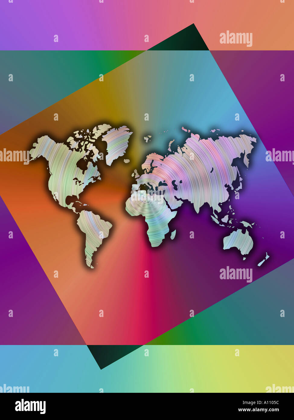 World map over shimmering colors Stock Photo - Alamy