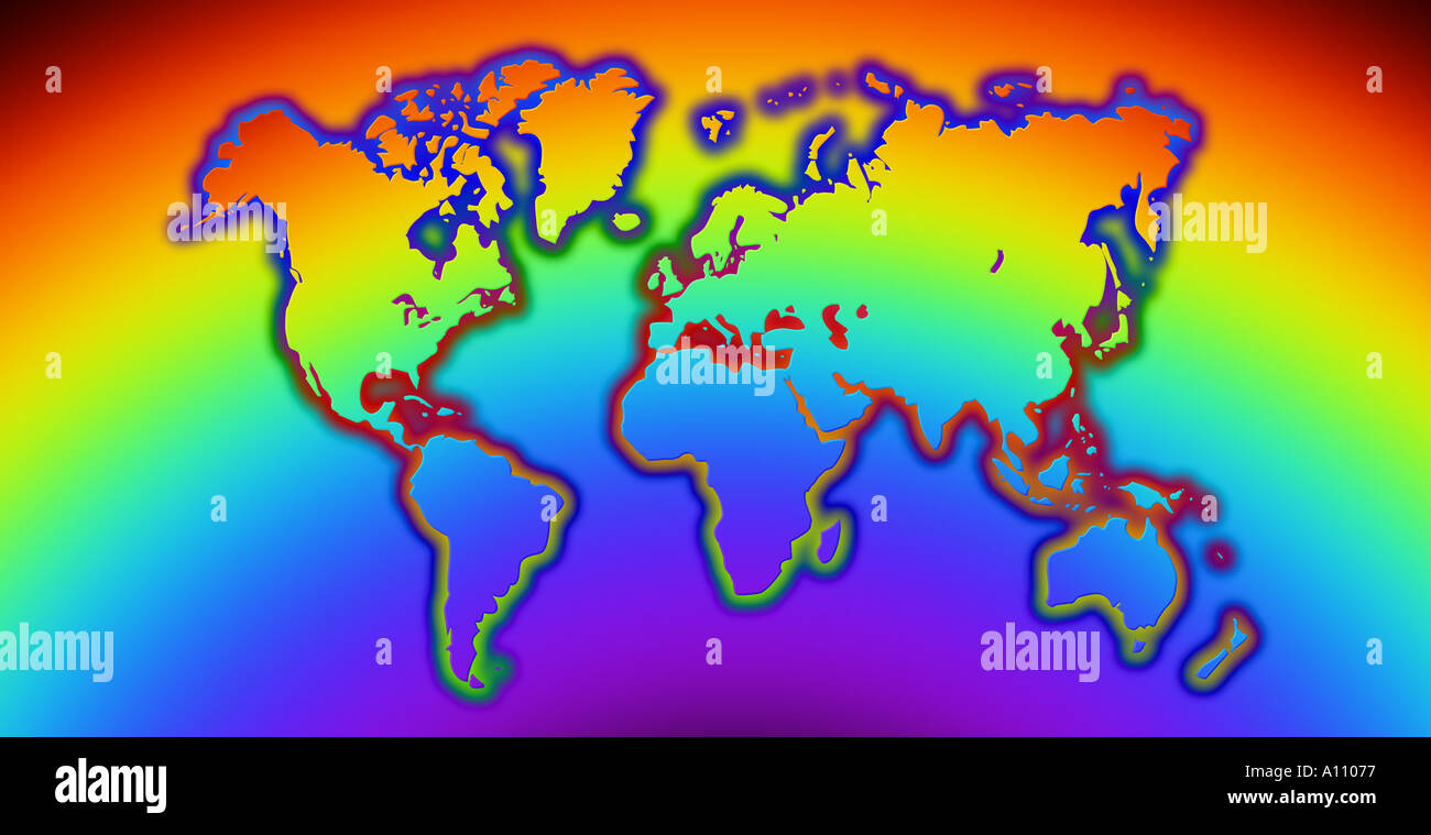 Rainbow world map on rainbow background Stock Photo - Alamy