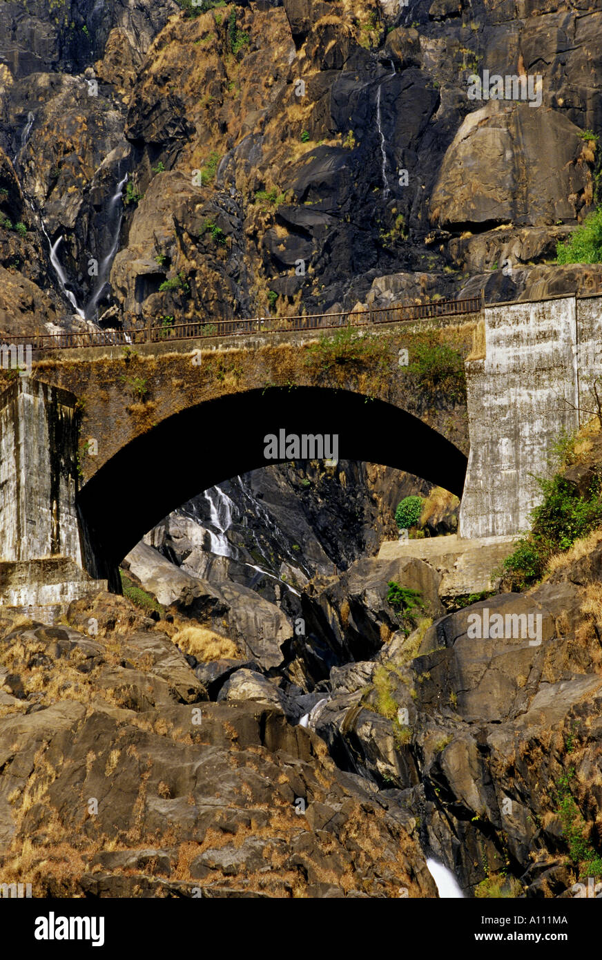 View of the Dudhsagar Falls rail bridge in East Goa South India Stock ...