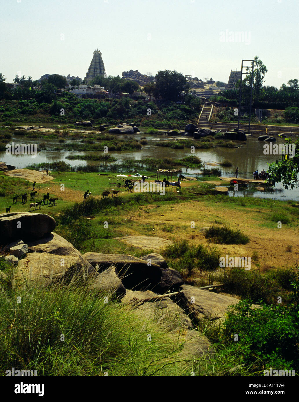 View of Sri Virupaksha Temple and the Tunga Bhadra River in Hampi South ...