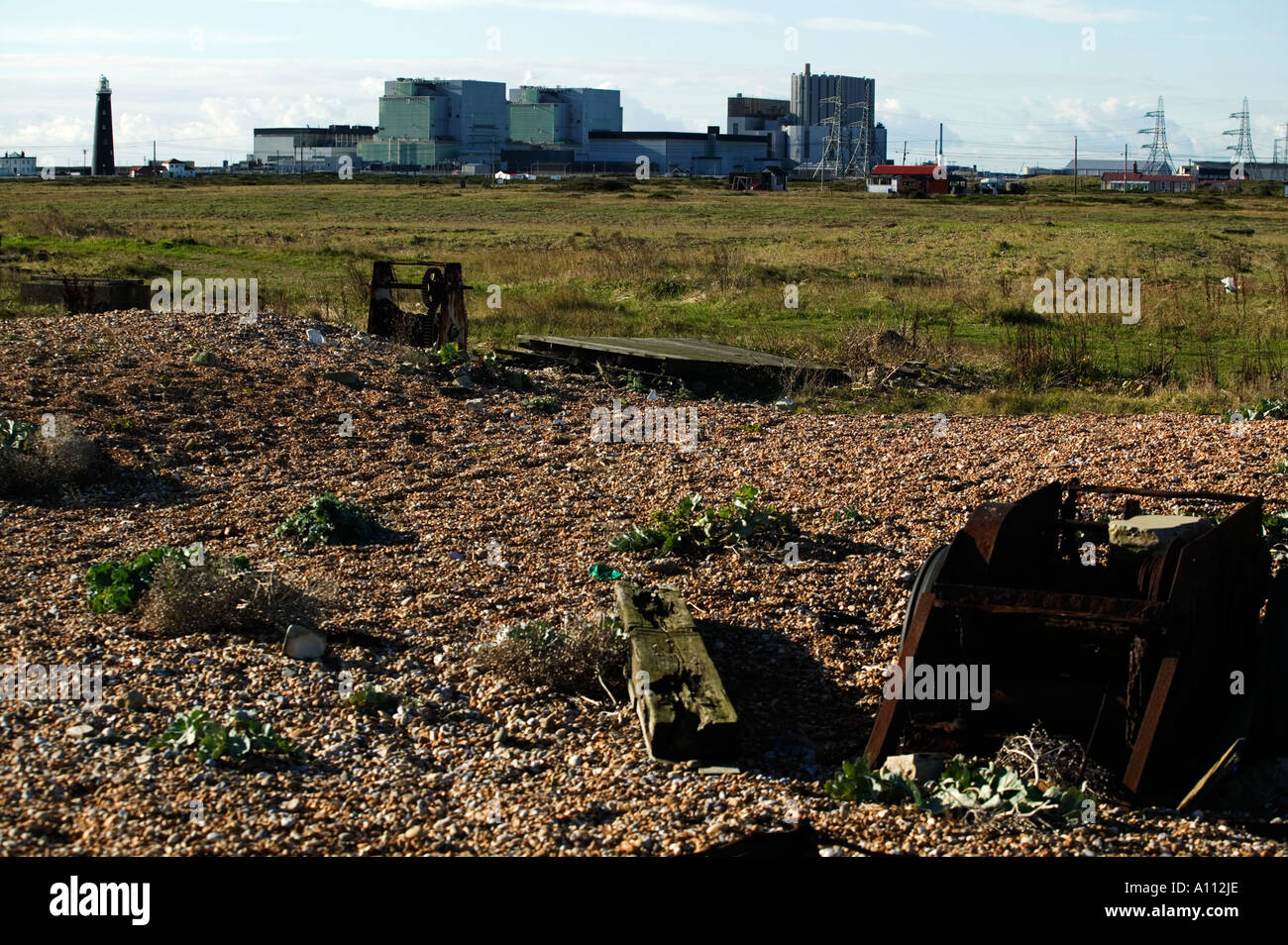 Nuclear power station and lighthouse as seen from the beach in ...