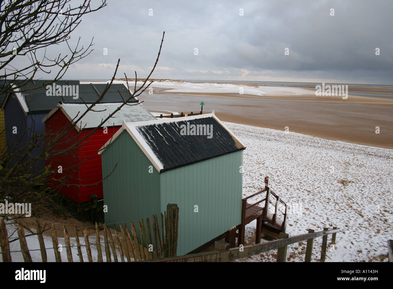Snow on beach, Wells-next-the-Sea Stock Photo - Alamy