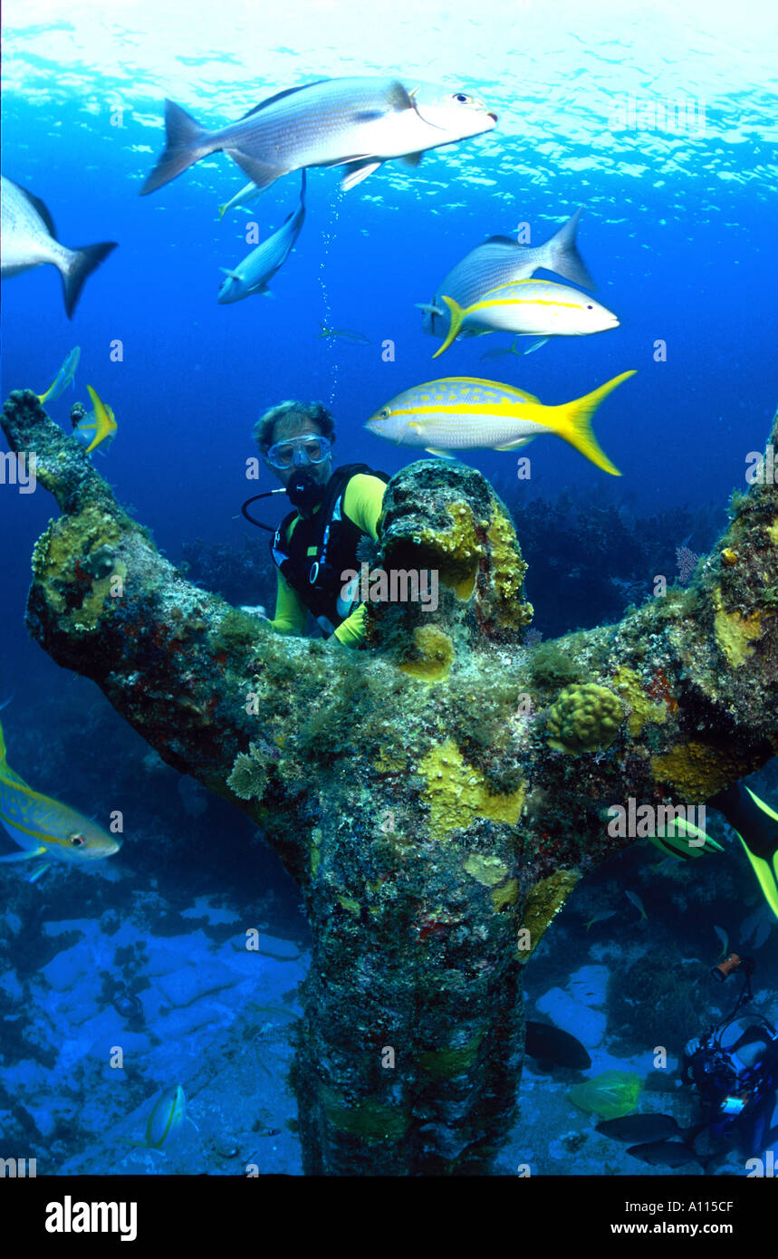 A MALE SCUBA DIVER AND SCHOOLING FISH AT THE STATUE OF CHRIST OF THE ...