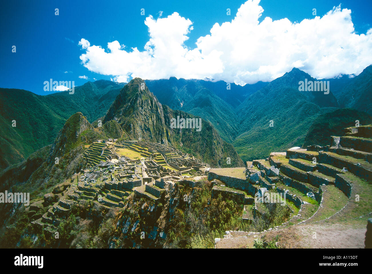 View of the lost Inca city of Machu Picchu Set high in the mountains ...