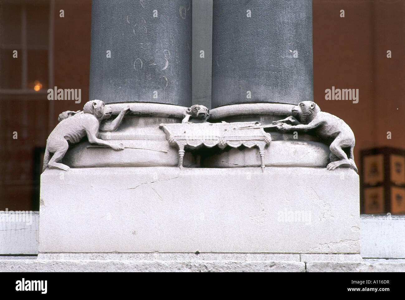 Detail of two monkeys playing billiards etched into the pillars and ...