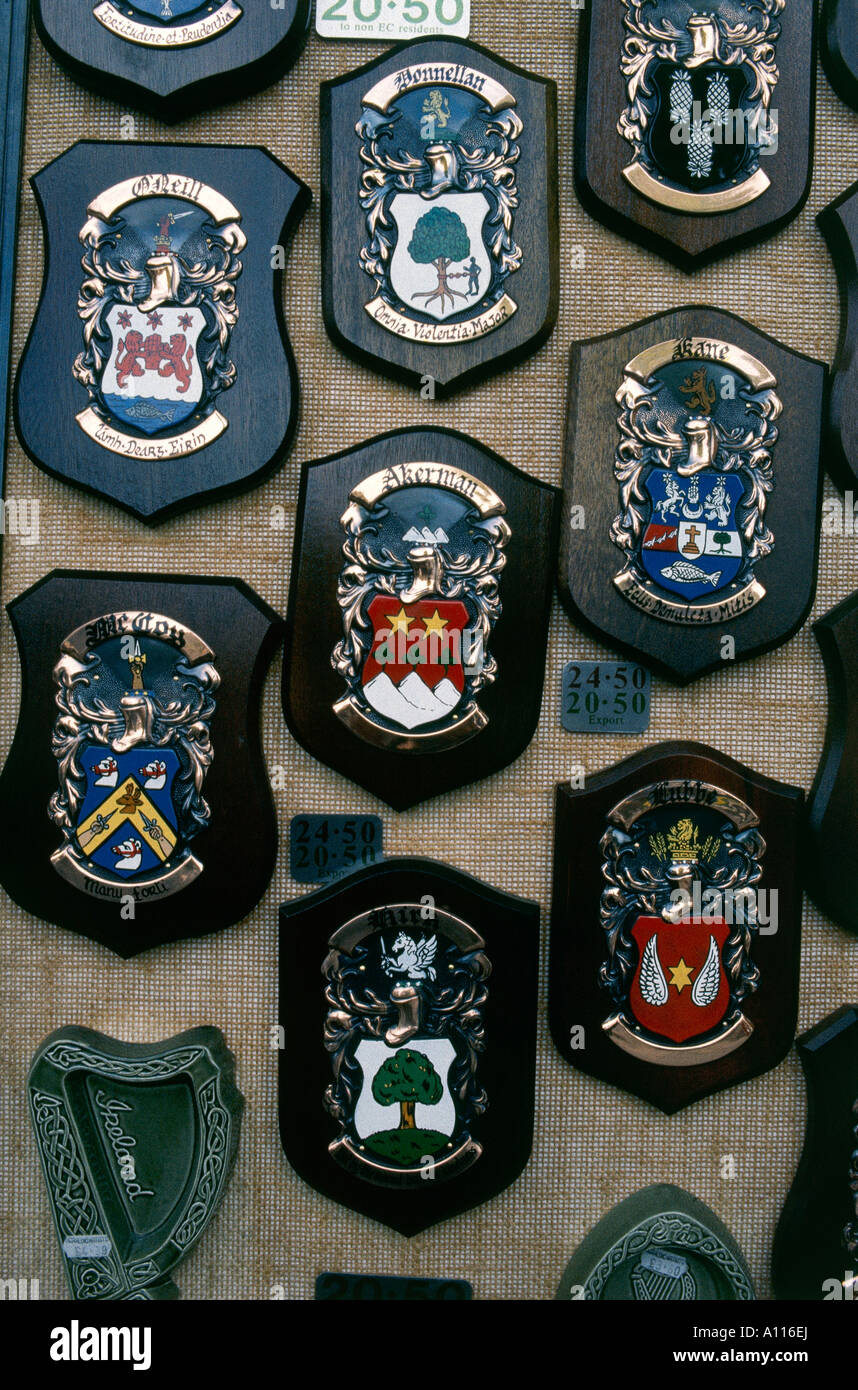 A window display of many varied shields displaying coats of arms in the ...
