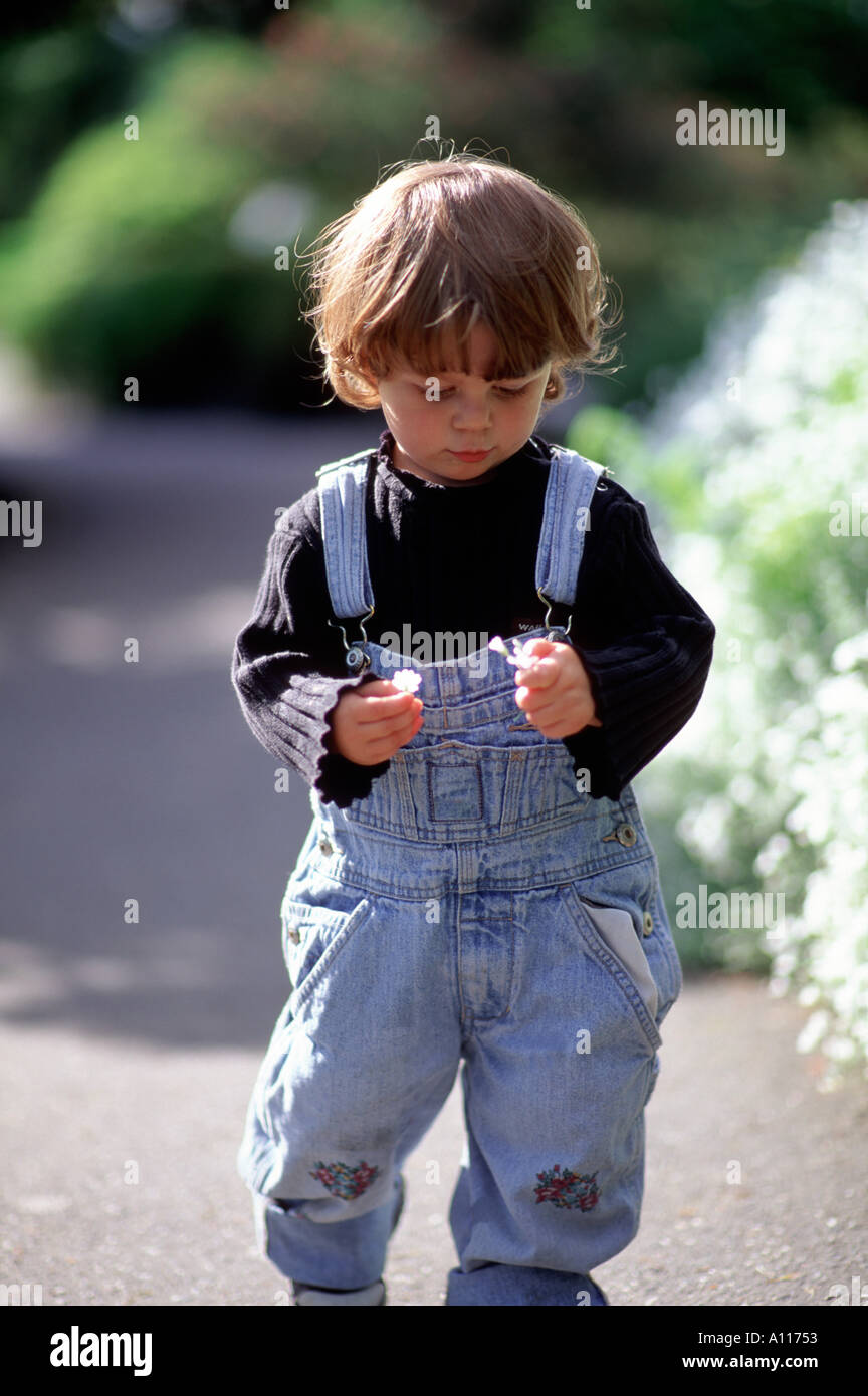 one half year old child holding small flowers in her hands Stock Photo ...