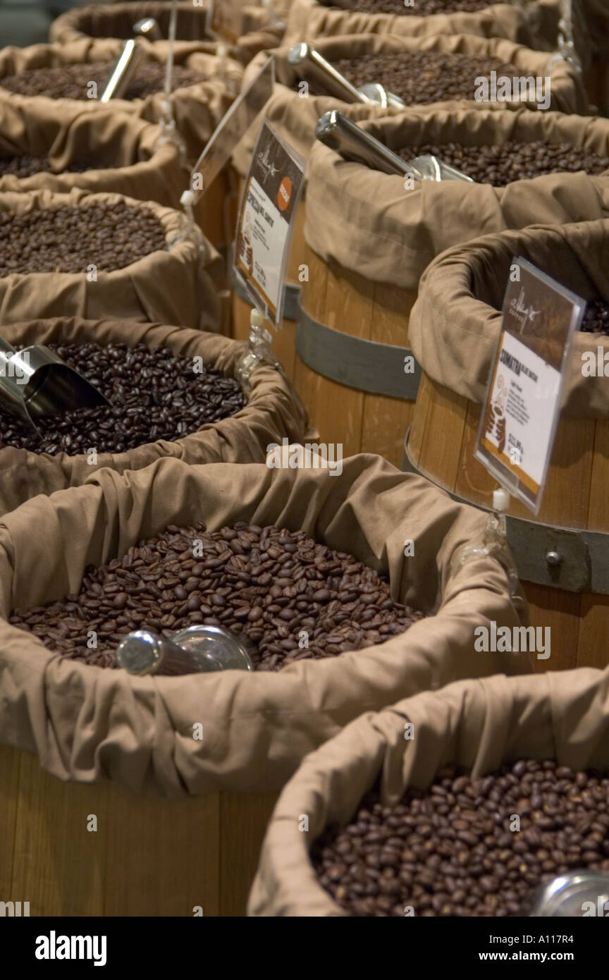 Buckets of fresh coffee beans arranged in half circle at Whole Foods ...