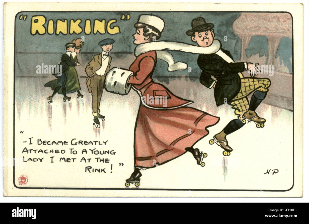 Roller skating comic card circa 1910 Stock Photo - Alamy