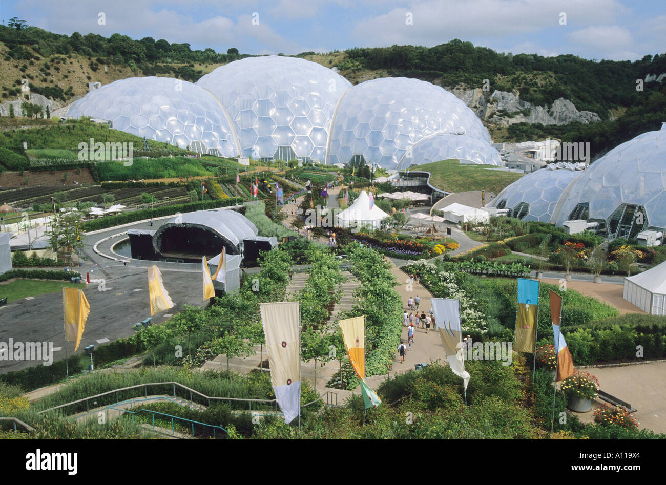View of the Eden Project showing the biomes and the gardens that ...