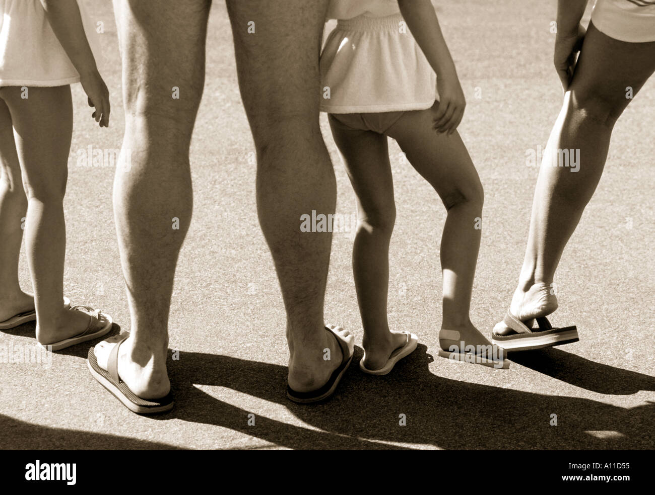 4 four pairs of legs standing in wait viewed from the back Stock Photo ...