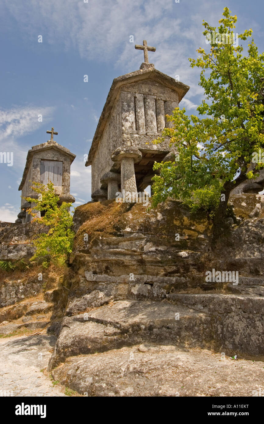 Barns on stilts in Soajo, a village in the High Minho region (Portugal ...