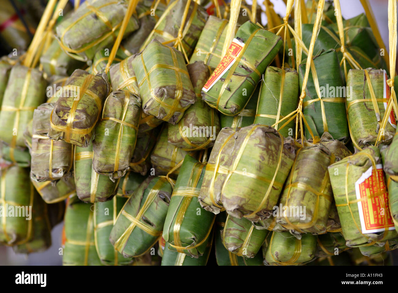 Banh chyng or banh chung, steamed rice cakes at a highway rest area ...