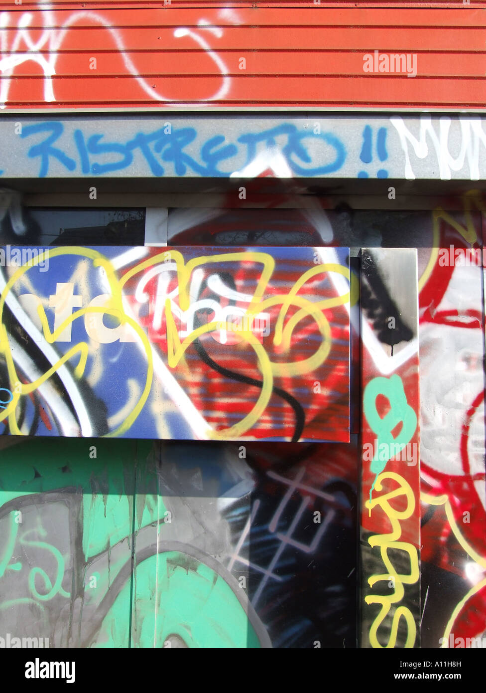 name plate board covered with graffiti in train station in rome Stock ...
