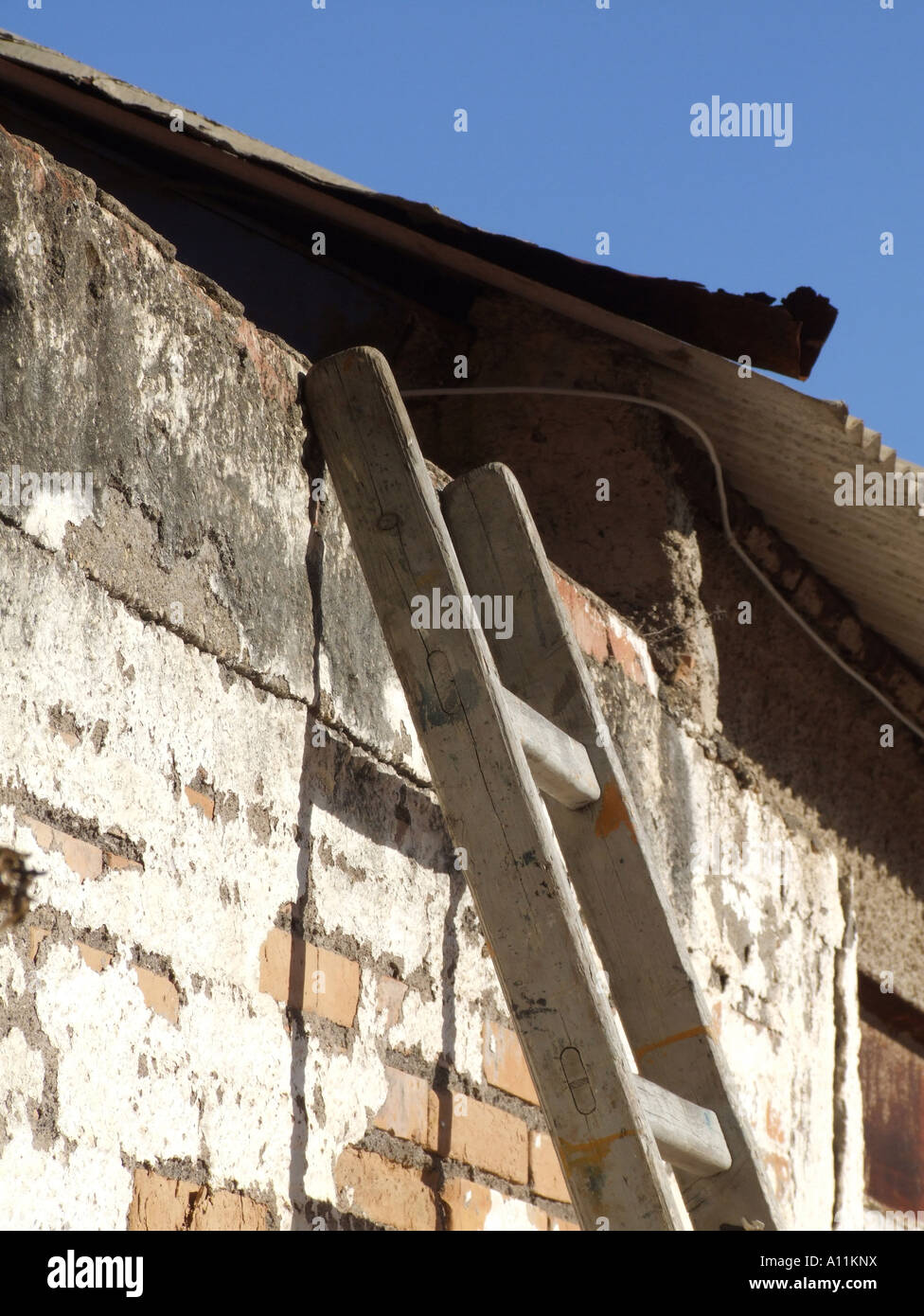 one ladder on building with blue sky Stock Photo - Alamy