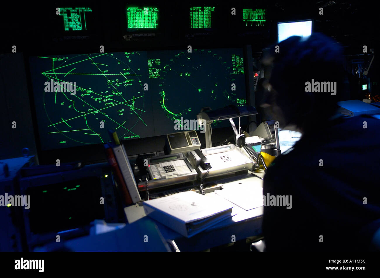 USS Bataan control room off coast of Iraq in Arabian Sea lights serious ...